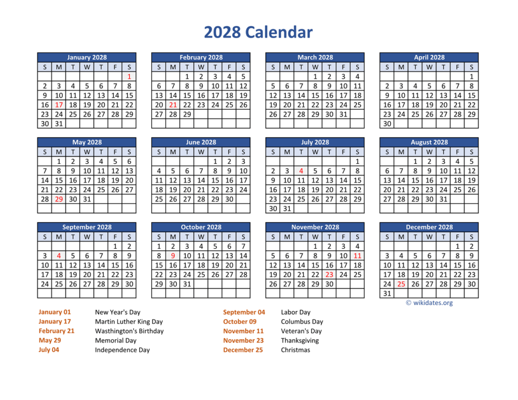 Free Printable Yearly Calendar 2028 With Holidays - calendar ...