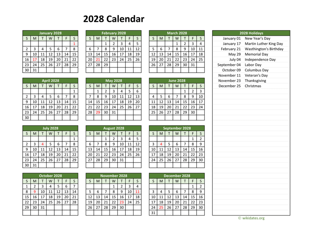 2028 Holidays Calendar Printable - calendar.weloveprintables.net