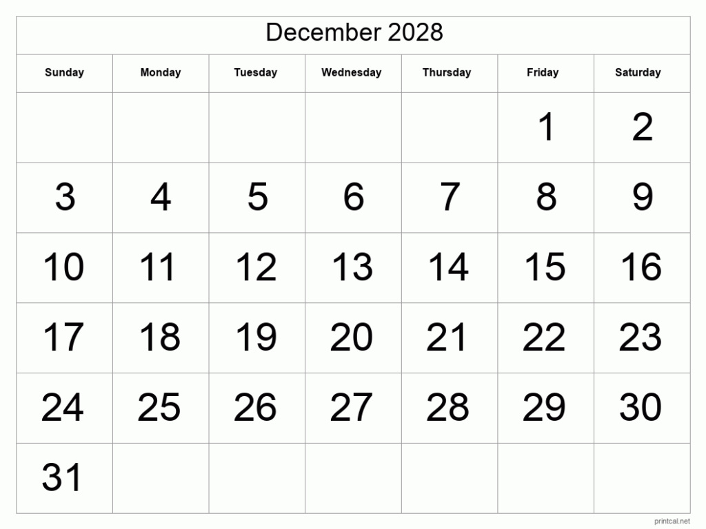 Free Printable December 2028 Calendar - calendar.weloveprintables.net